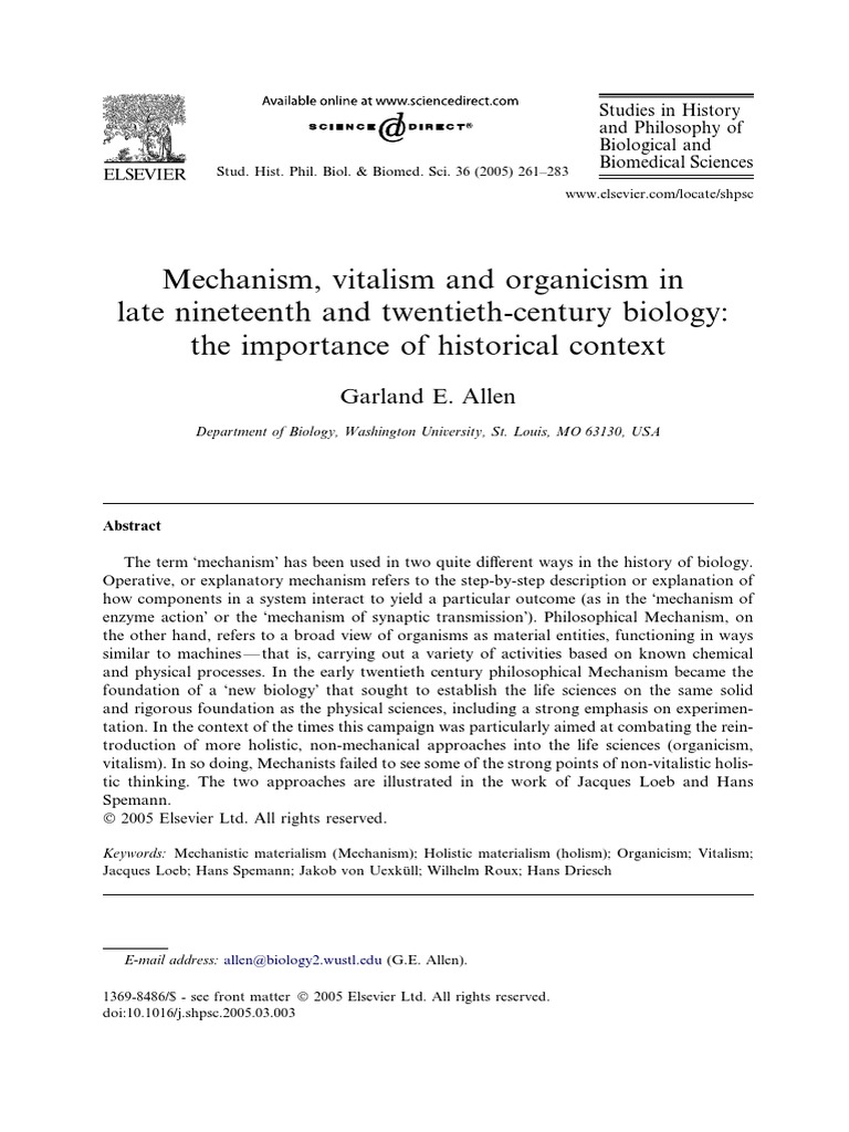 Mechanism, Vitalism and Organicism | PDF | Reductionism | Vitalism