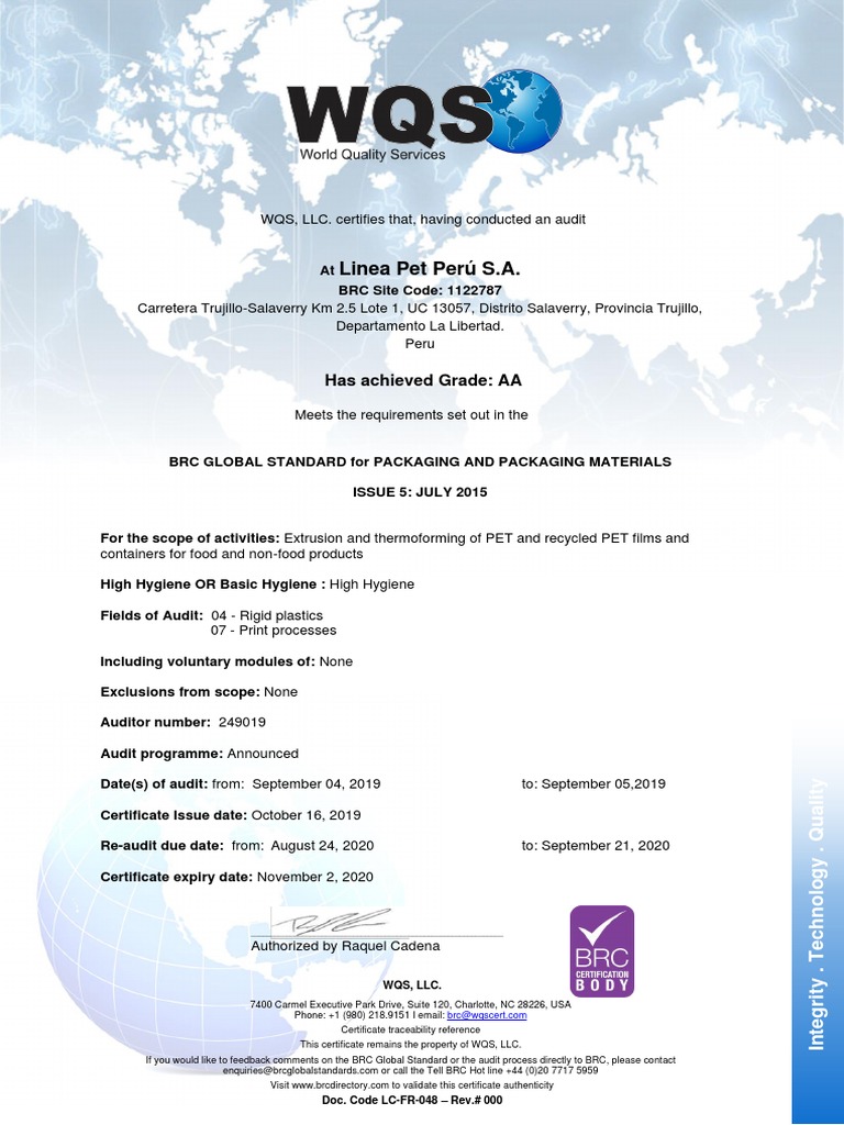 2019 - Certificate - Linea Pet Peru - BRC Packaging & Packaging ...