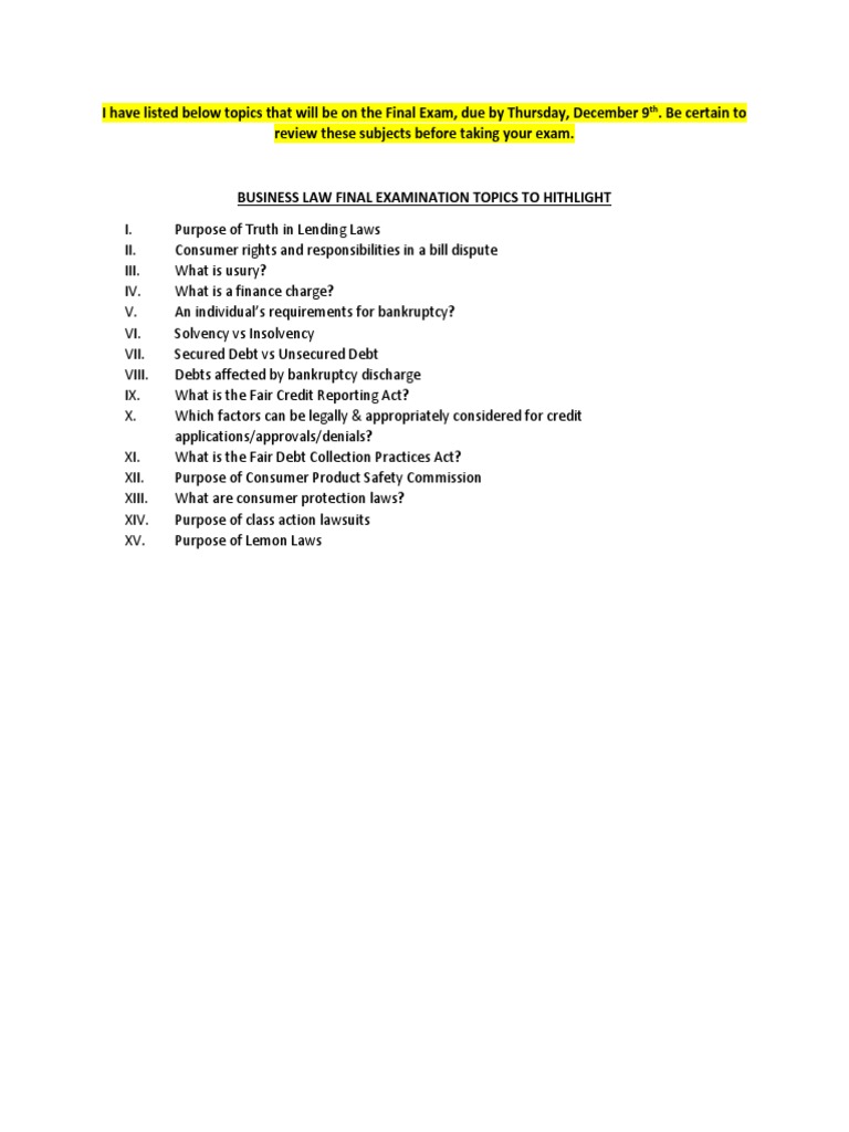 Business Law Final Exam Topics Guide | PDF | Law