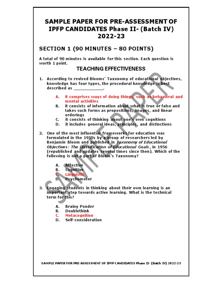IPFP Pre-Assessment Sample Paper 2022-23 | PDF | Educational Assessment ...