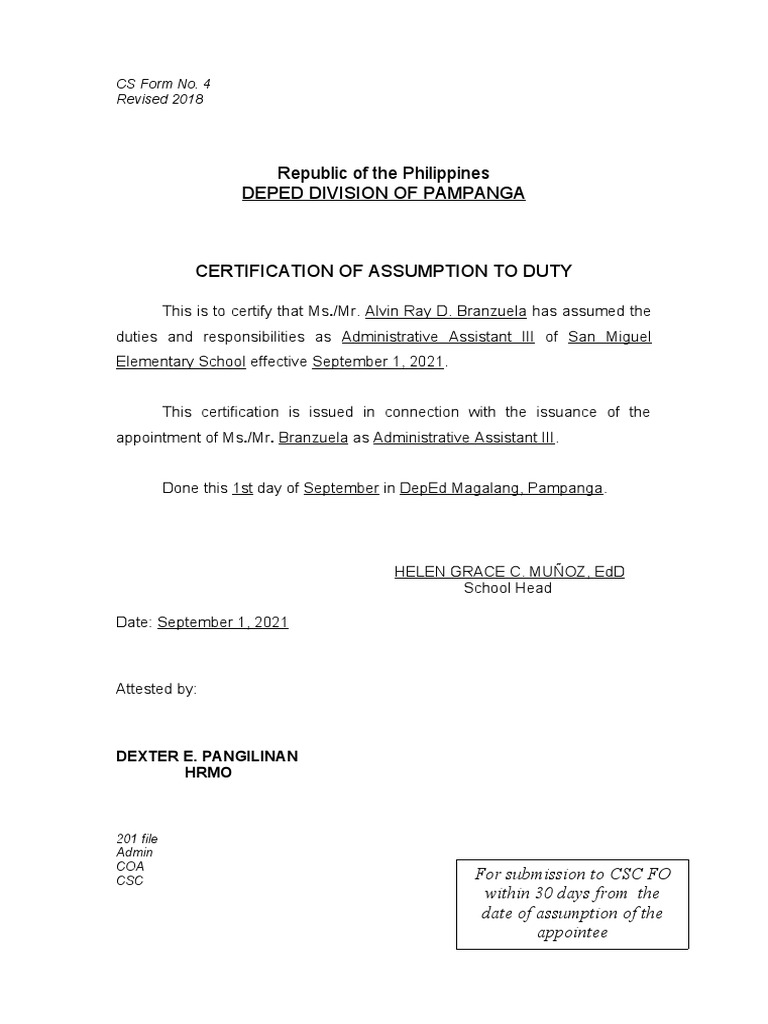 CS Form No. 4 Certification of Assumption to Duty | PDF