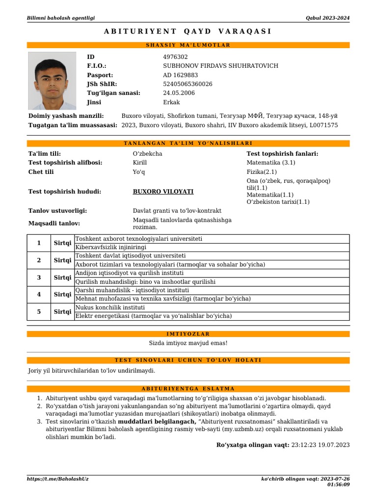 Subhonov Firdavs Shuhratovich Qayd Varaqa (1) - 230726 - 015637 | PDF