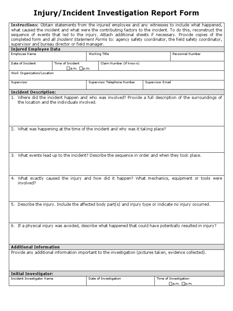 Injury or Incident Investigation Report Form | PDF | Personal ...