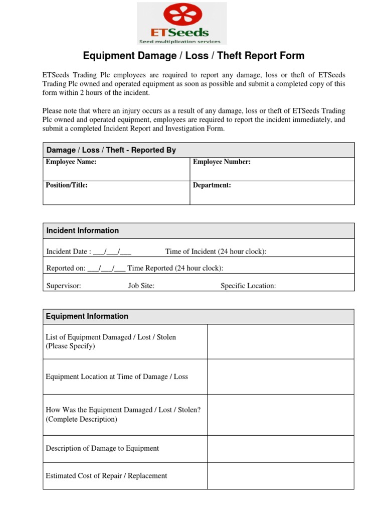 Equipment Damage and Loss Reporting Form | PDF | Finance & Money ...