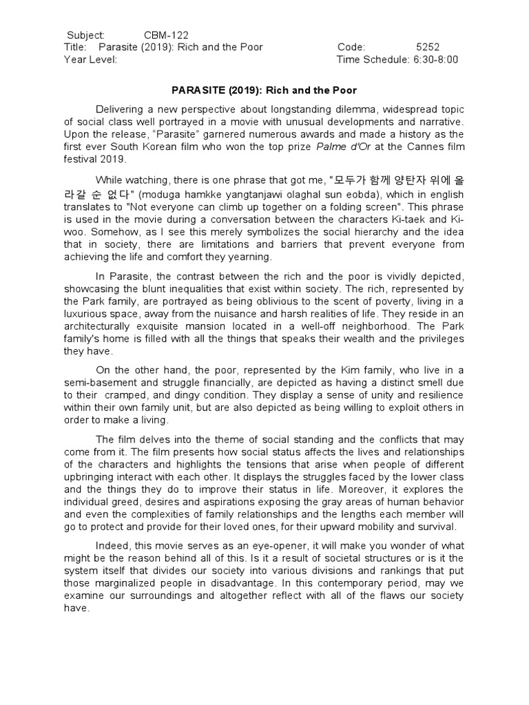 PARASITE MOVIE REFLECTION PAPER | PDF