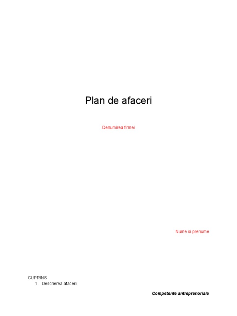 Plan de Afaceri - Nume Si Prenume Complet - Template | PDF