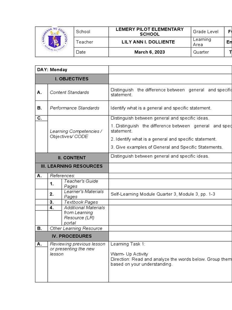 General and Specific Ideas Week 3 Module 3 | PDF