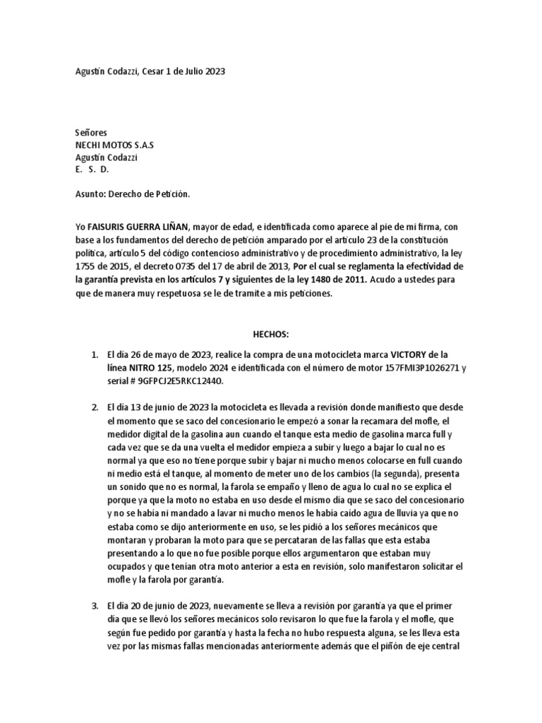 Derecho Peticion Nechi Motos | PDF | Motocicleta