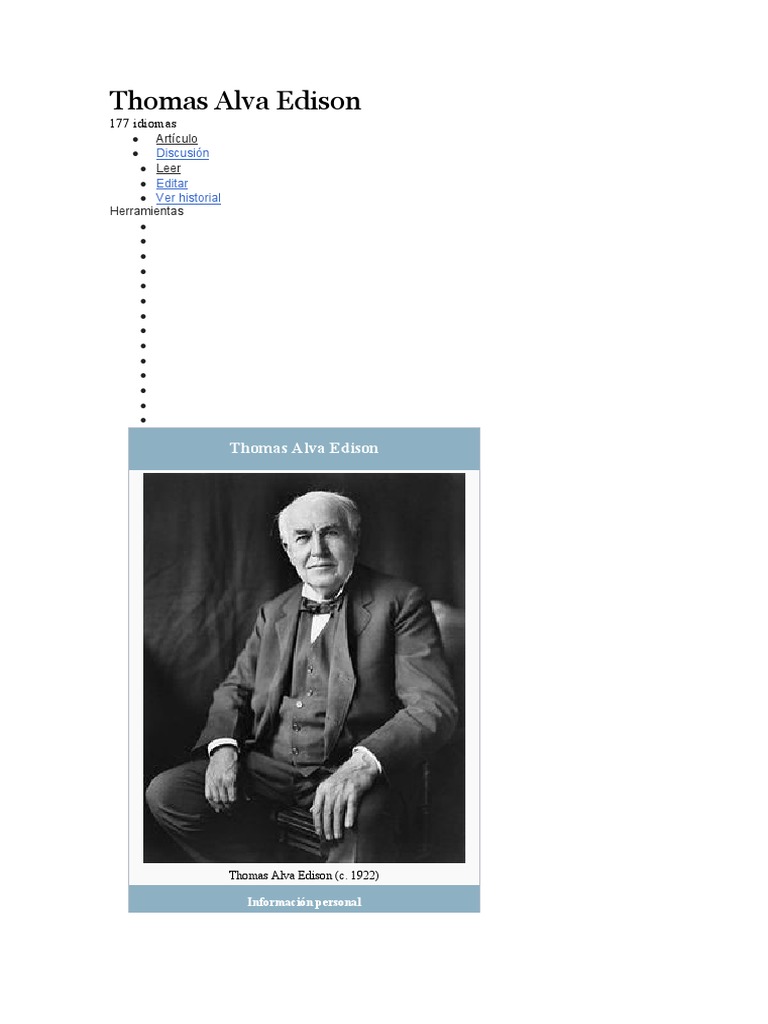 Biografía de Thomas Alva Edison | PDF | Thomas Edison | Nikola Tesla