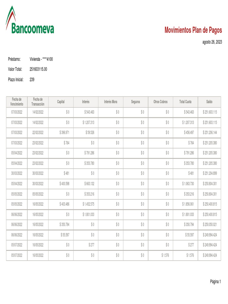 Movimientos Plan de Pagos | PDF