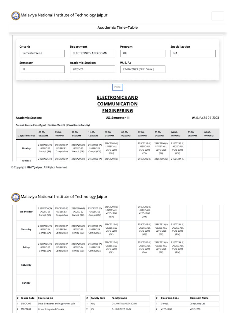 Academic Time Table | PDF | Electronics | Computer Engineering