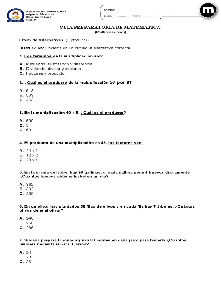 Prueba 3° Multiplicaciones | PDF