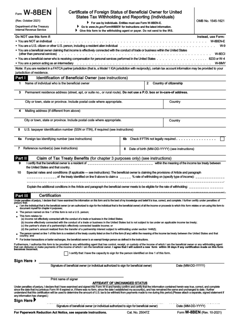 W 8ben With Affidavit | PDF | Irs Tax Forms | Government Finances