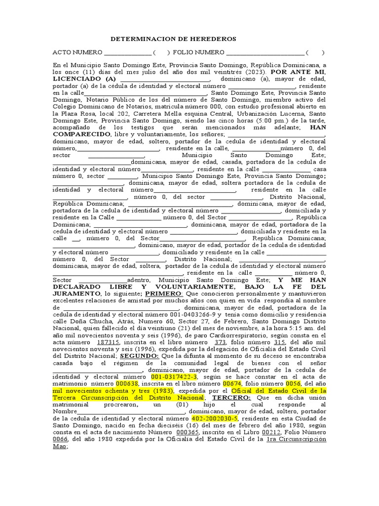 Modelo Determinacion de Herederos | PDF | República Dominicana