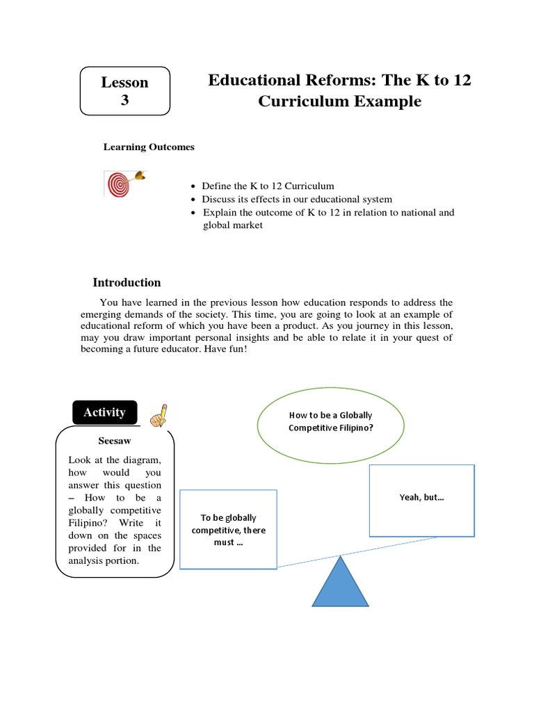 Lesson 3. Educational Reforms The K To 12 Curriculum Example | PDF ...