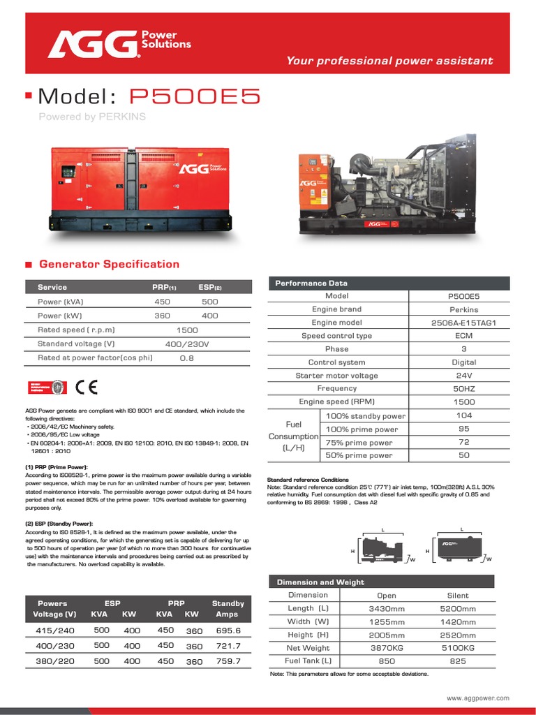 PLANTA AGG DE 500 KVA FICHA TECNICA | PDF | Electrical Engineering | Manufactured Goods