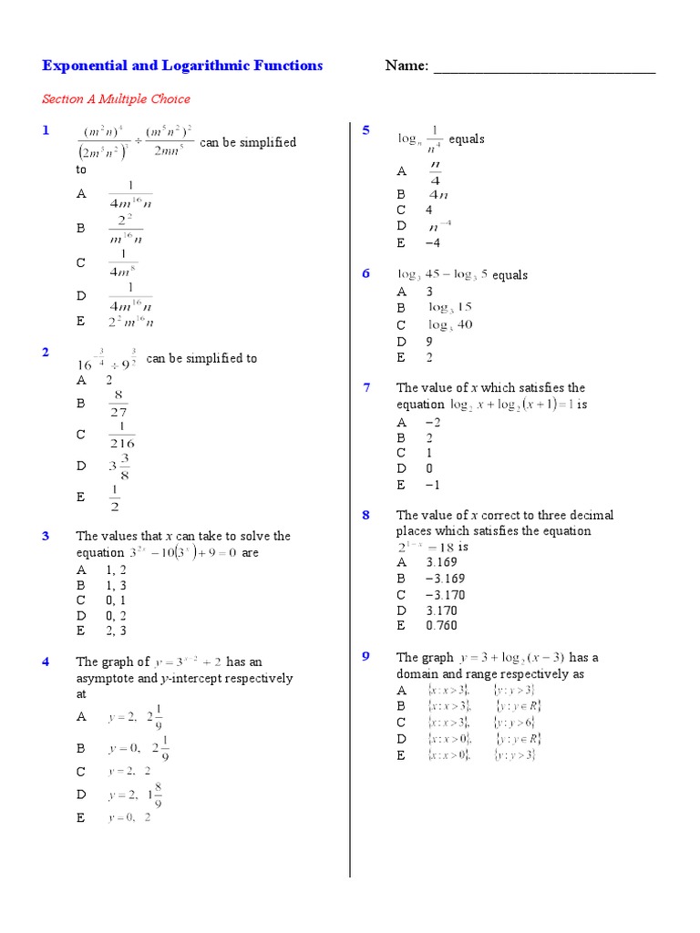 11 MM Exp Logs Practice Test | PDF | Exponential Function | Function ...