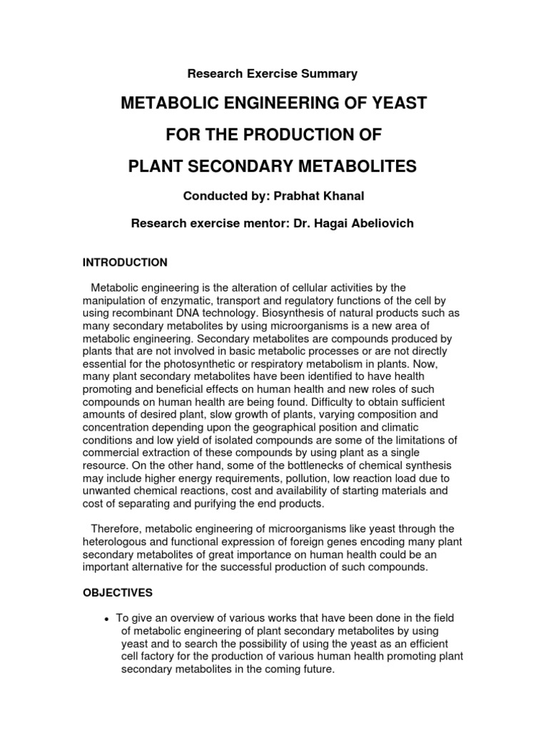 Metabolic Engineering of Yeast For The Production of Plant Secondary ...