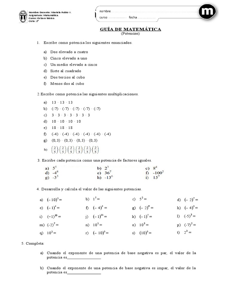 Guía 8° Potencias 2023 | Descargar gratis PDF | Exponenciación | Multiplicación