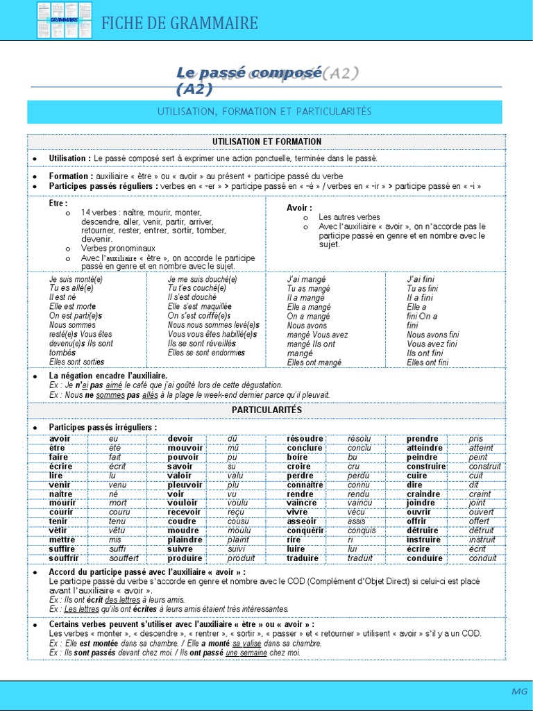 Passe Compose Grammairegrammaire | PDF | Verbe | Grammaire