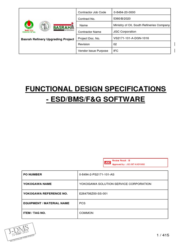 Functional Design Specifications - Esd/Bms/F&G Software: J-Dms | PDF | Oil Refinery | Parameter ...