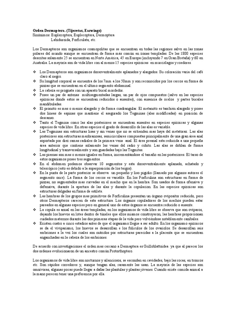 Entomologia Orden Dermaptera | PDF | Insectos