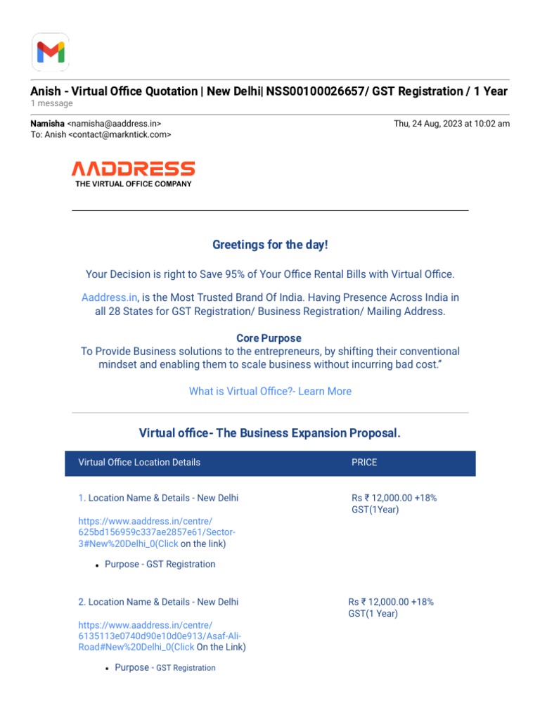 Gmail - Anish - Virtual Office Quotation - New Delhi - NSS00100026657 ...