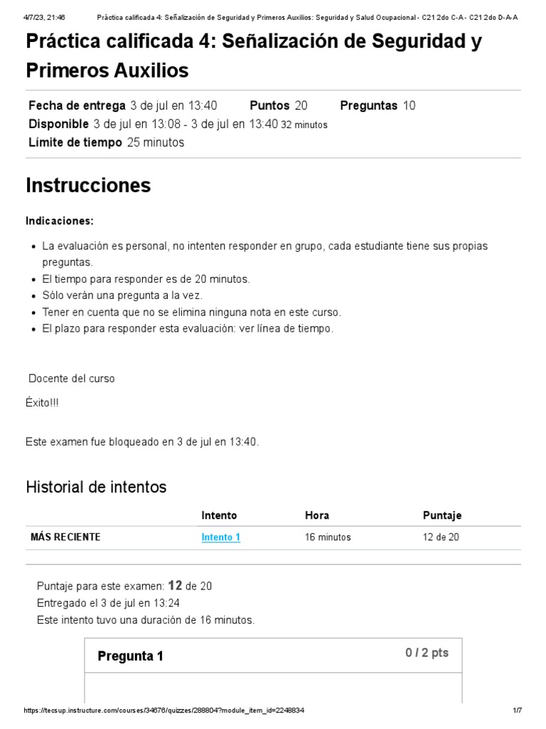 Práctica Calificada 4 - Señalización de Seguridad y Primeros Auxilios - Seguridad y Salud ...