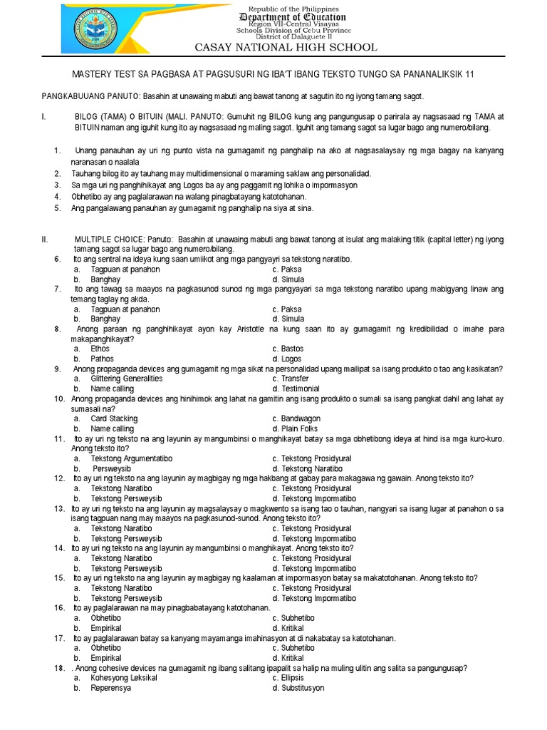 Mastery Test Pagbasa at Pagsulat | PDF