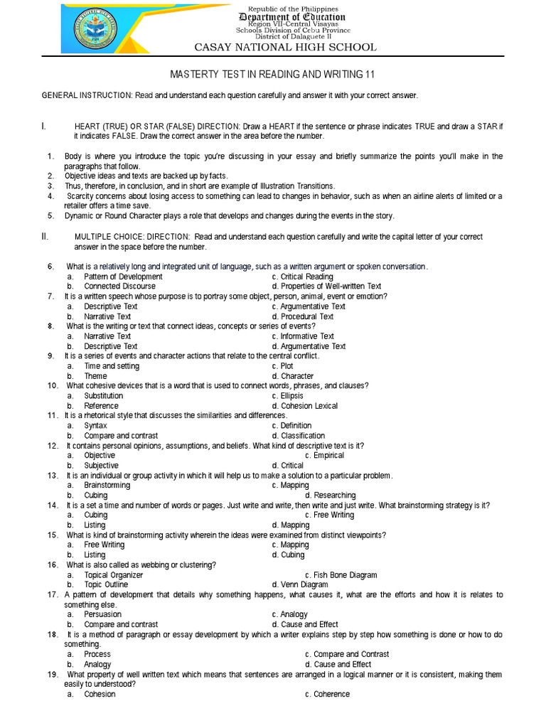 Mastery Test Reading and Writing | PDF | Narrative | Essays