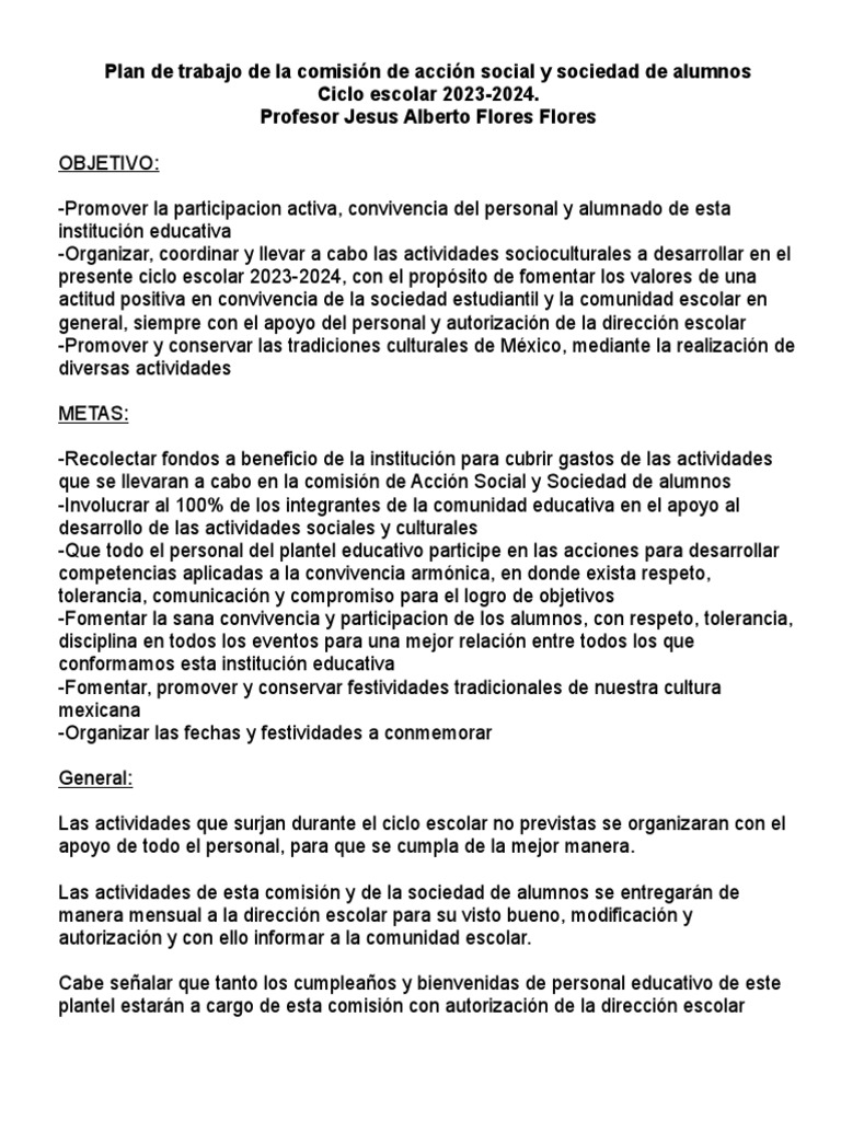 Plan de Trabajo de La Comisión de Acción Social y Sociedad de Alumnos ...