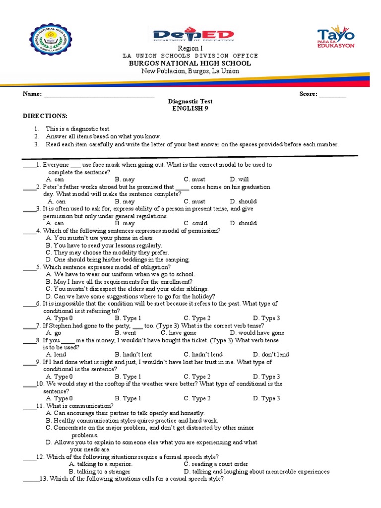 English 9 Diagnostic | PDF | Plot (Narrative) | Prejudices
