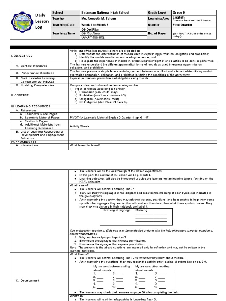 IDEA Exemplar (Grade 9) Week 1-3 | PDF | Learning | Behavior Modification