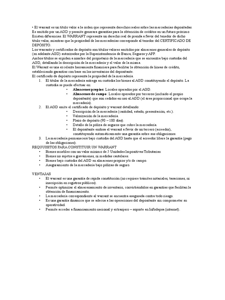 El Warrant Es Un Título Valor a La Orden Que Representa Derechos Reales ...
