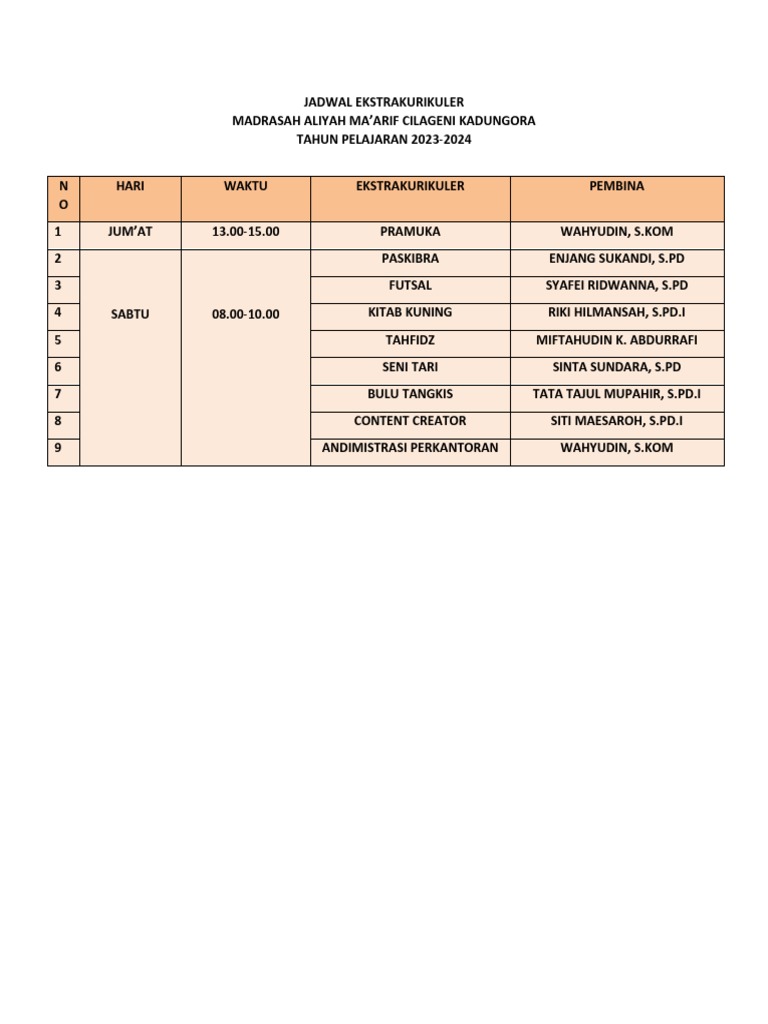 Jadwal Ekstrakurikuler | PDF | Agama & Spiritualitas