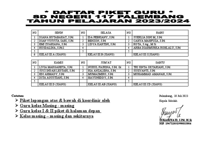 Daftar Piket Guru Ta. 2023 2024 | PDF