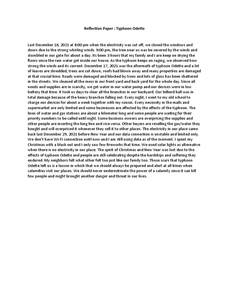 CWTS 12 Reflection Paper - Typhoon Odette (Cañada) | PDF | Physical ...