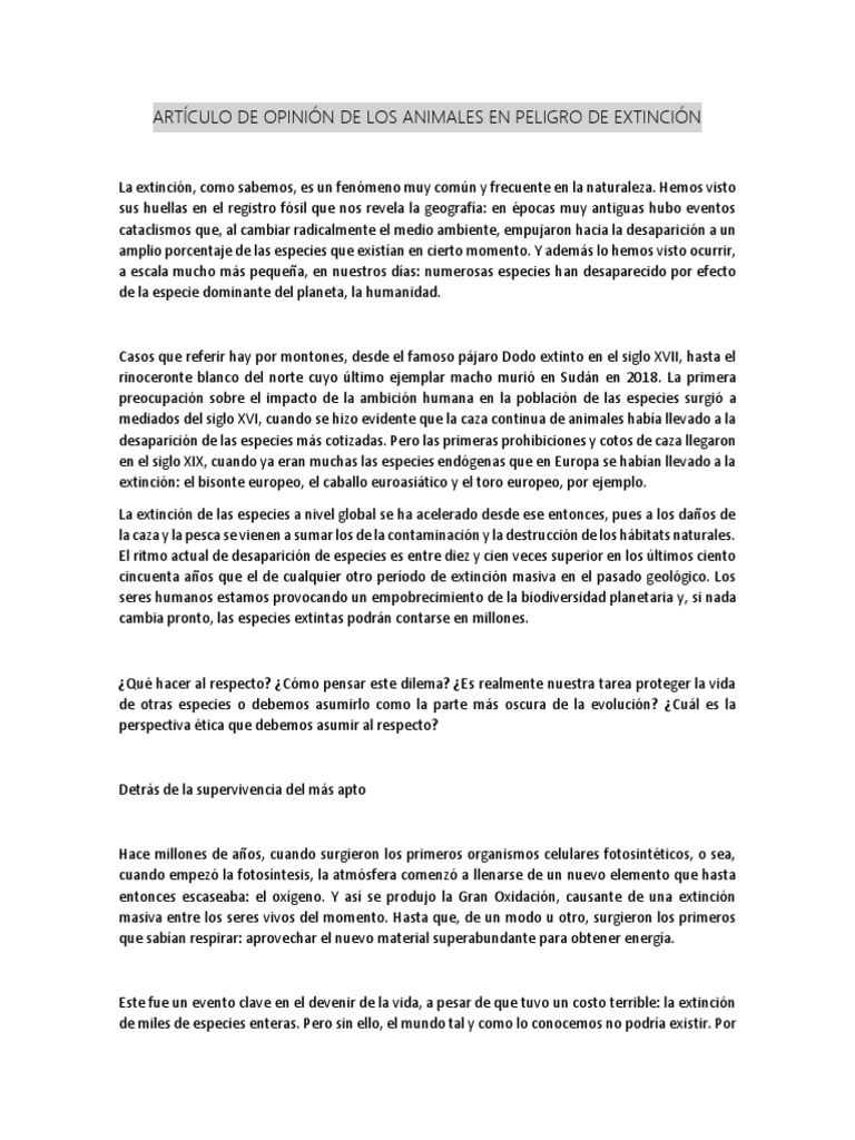 ARTÍCULO DE OPINIÓN DE LOS ANIMALES EN PELIGRO DE EXTINCIÓN | PDF ...