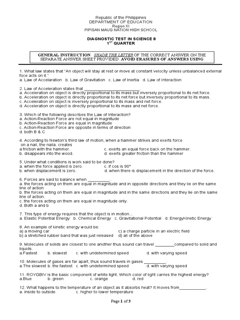 Diagnostic-test-Q1 - SCIENCE 8 | PDF | Force | Sound