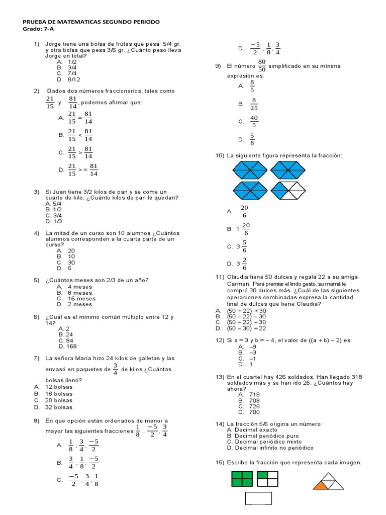 Prueba de Fracciones | Descargar gratis PDF | Lexicología | Matemáticas