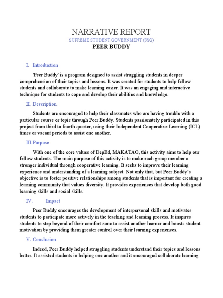 NARRATIVE PEER BUDDY (Narrative Report Example) | PDF