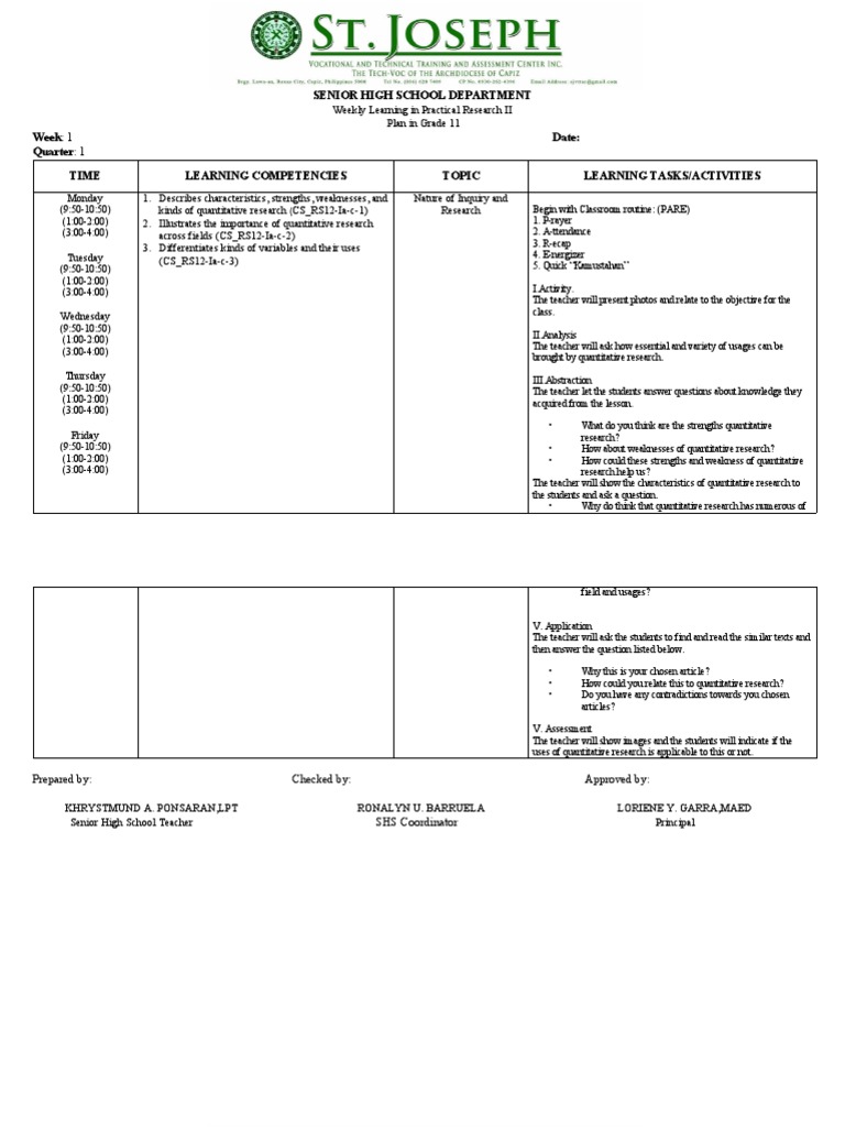 WEEKLY LEARNING PLAN Practical Research II K.Ponsaran | PDF | Validity ...