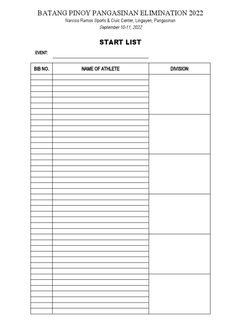 BATANG PINOY ATHLETICS FORMS Start List Distance Forms Bar Heights Form | PDF | Motorsport ...
