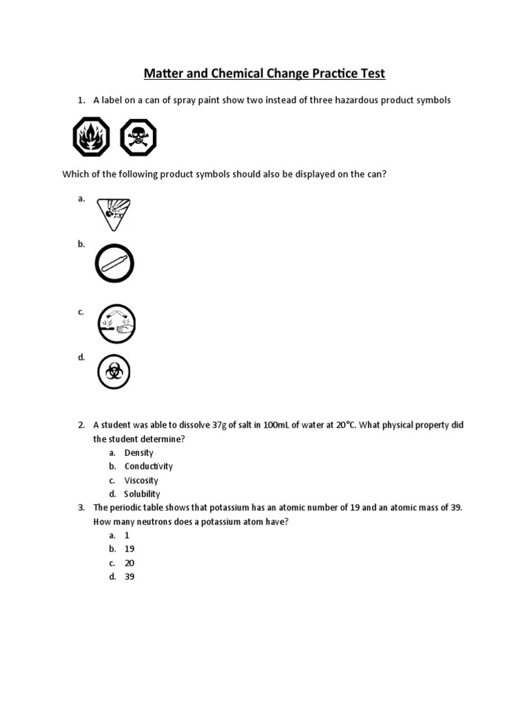 Matter and Chemical Change Practice Test | Download Free PDF | Chemical ...