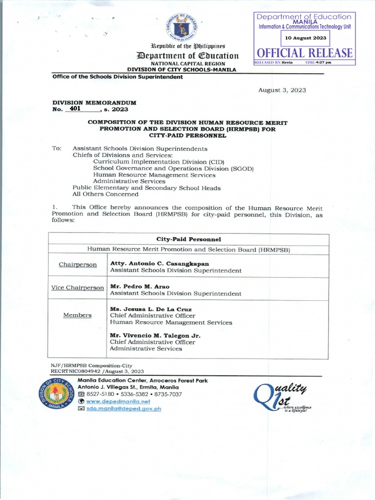 DM 401 S. 2023 Composition of The Division Human Resource Merit ...