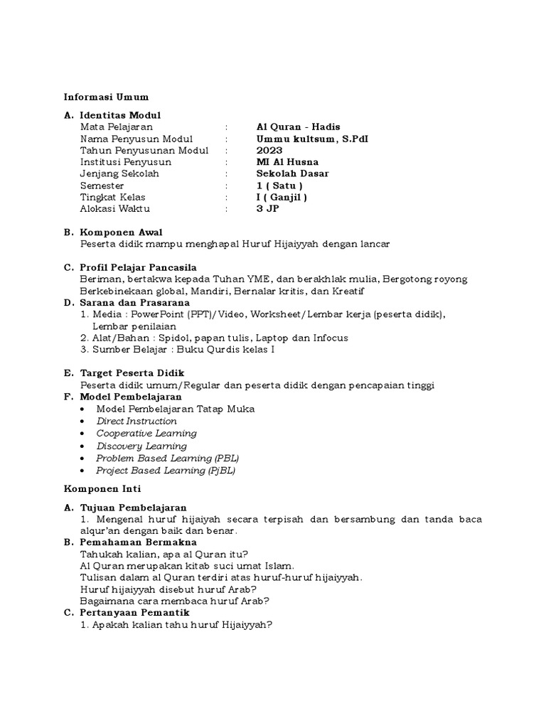 Modul Ajar QH Kelas 1 | PDF