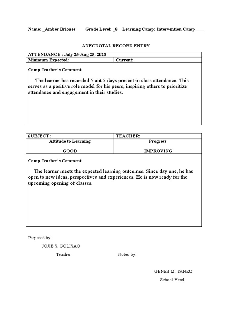 NLC Anecdotal Record Entry Final | PDF | Teachers | Learning