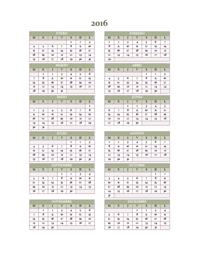 Calendario Anual 2016-2025 (De Lunes A Domingo) Excel | PDF | Calendario