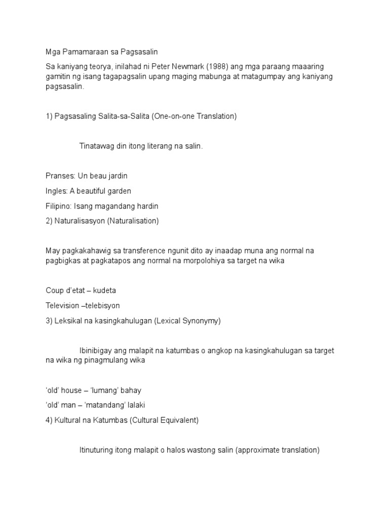 Mga Pamamaraan Sa Pagsasalin | PDF