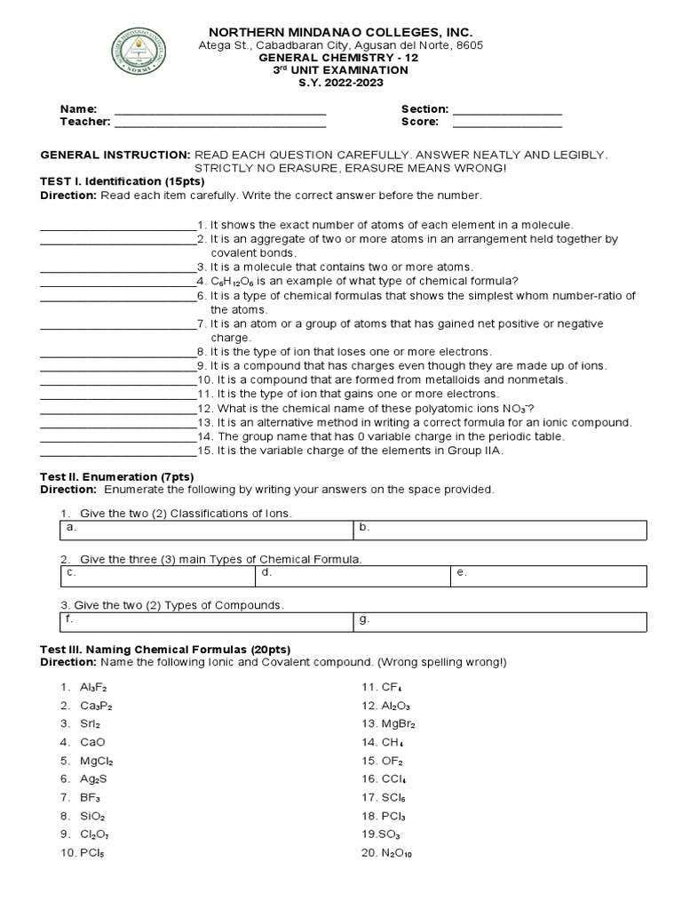 Chemistry 3rd Unit Exam Overview | PDF | Ion | Chemical Compounds